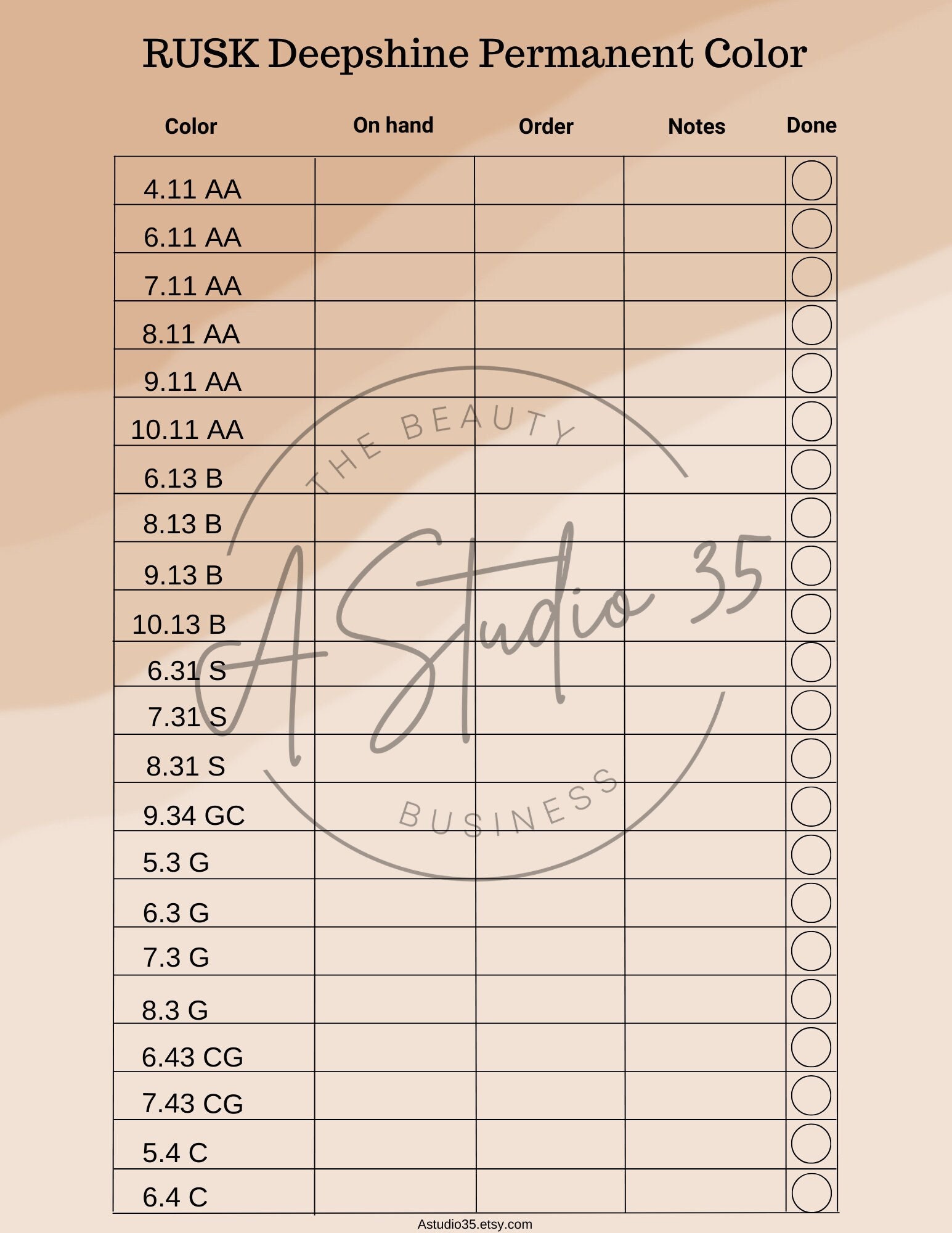 Rusk Deepshine Permanent Color Inventory Sheets, Printable, Salon Hair ...