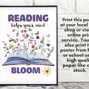 Reading Helps Your Mind Bloom Reading Poster Bulletin Board Gifts for ...