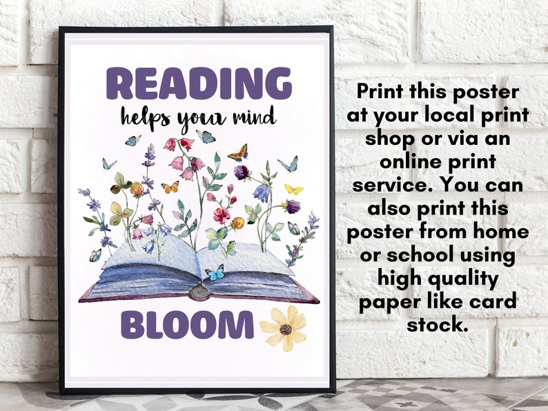 Reading Helps Your Mind Bloom Poster: Library Classroom Decor (digital ...