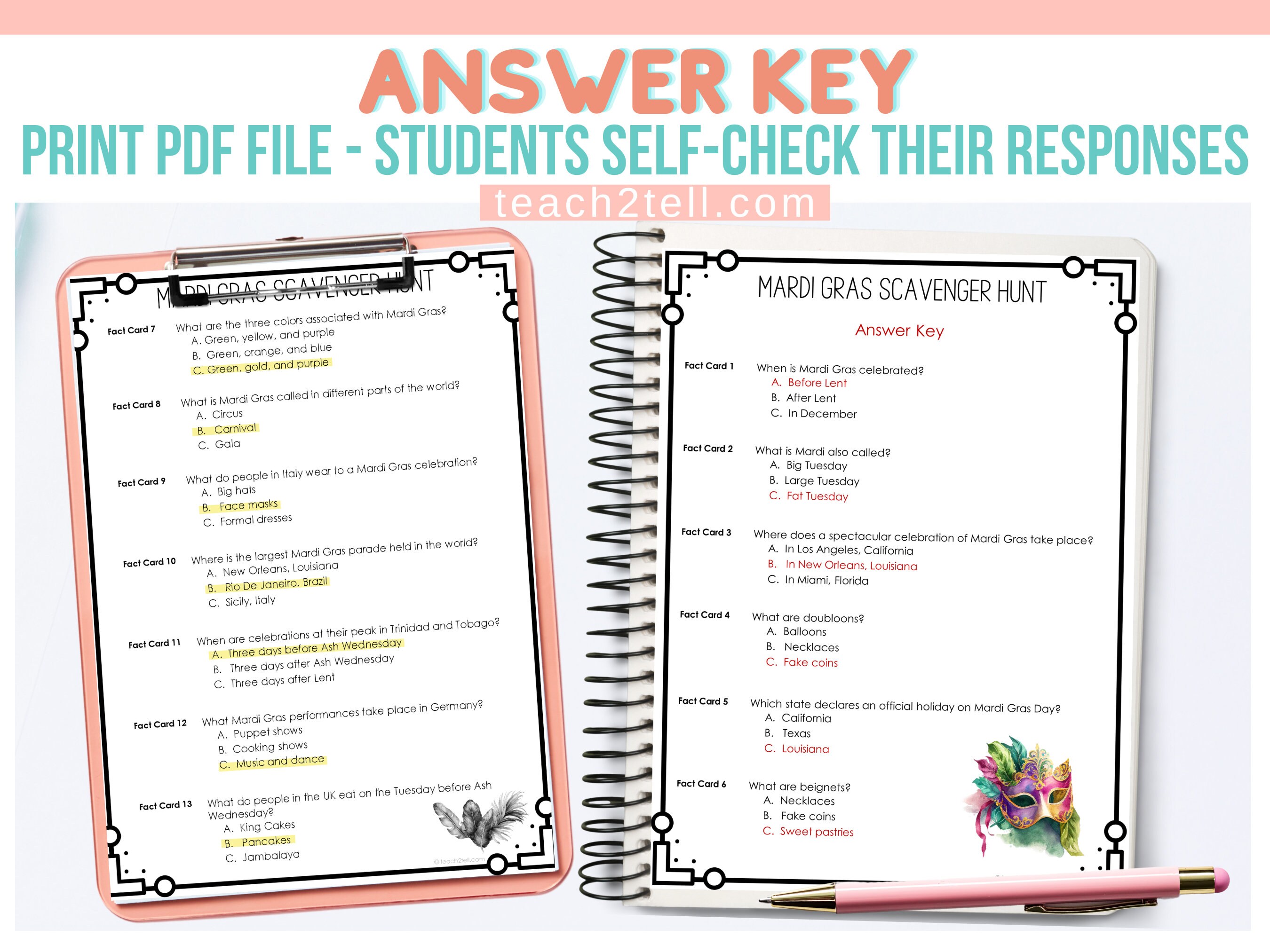 Mardi Gras Printables Reading Comprehension Activities Scavenger Hunt ...