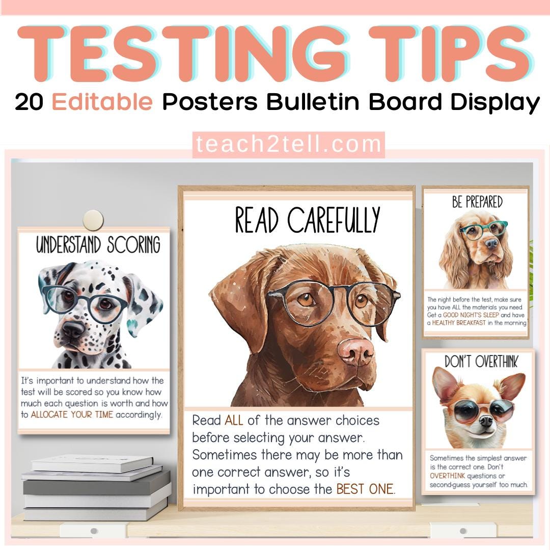 Testing Tips Posters: Dog Theme Bulletin Board (editable, Digital ...