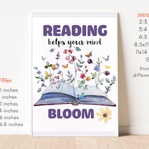 Reading Helps Your Mind Bloom Reading Poster Bulletin Board Gifts for ...