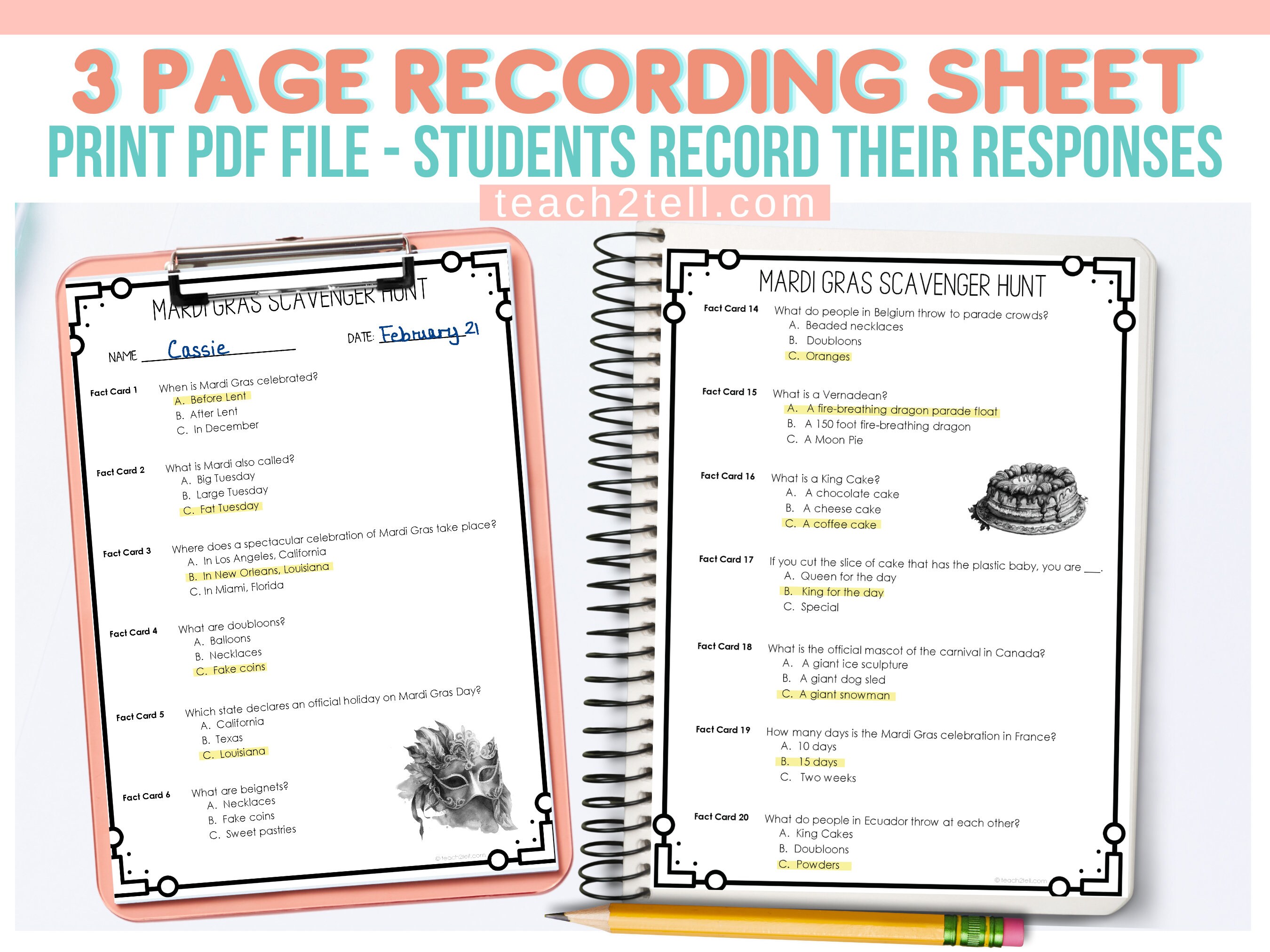 Mardi Gras Printables Reading Comprehension Activities Scavenger Hunt ...