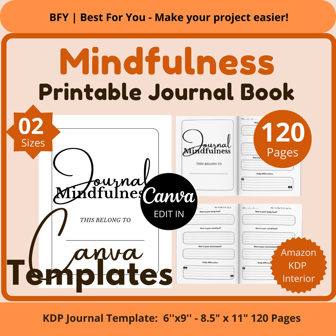 2 Printable Mindfulness Journal Amazon KDP Interior Templates 6''x9'' 8 ...