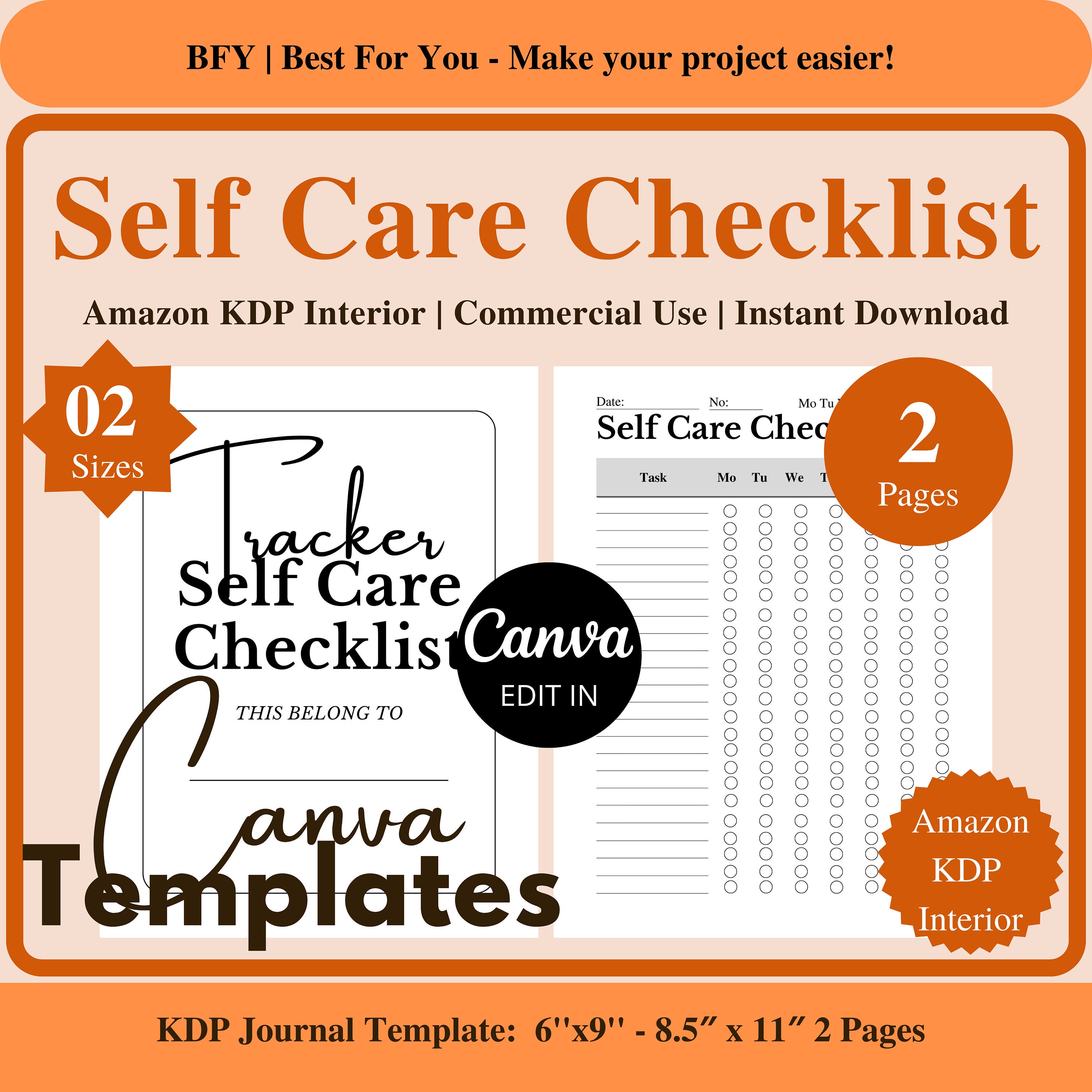 2 Self Care Checklist Tracker Amazon KDP Interior Template 6''x9'' 8 ...