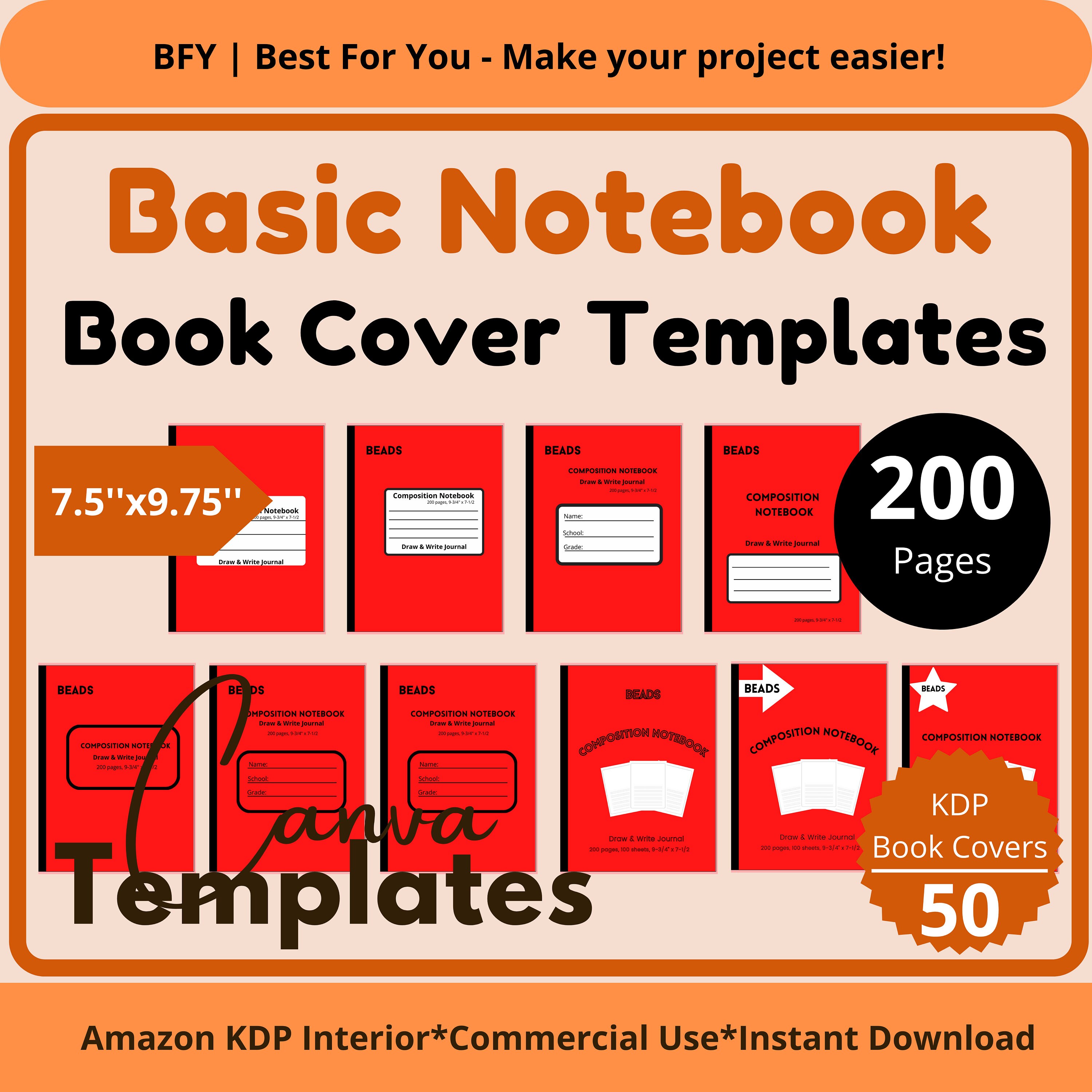 50 Basic Composition Book Cover KDP Paperback Book Cover Bundle 7.5''x9 ...
