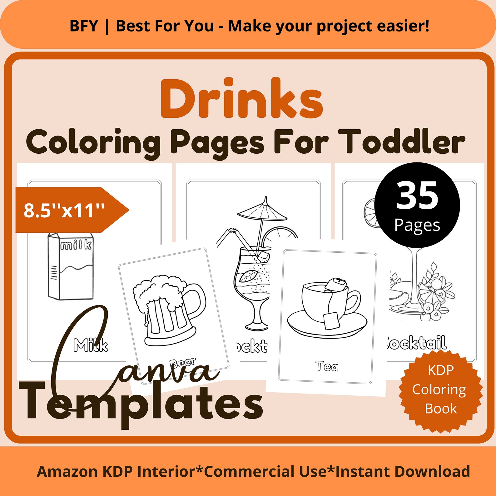 Printable Drinks Coloring Pages for Kids Toddler Coloring Book 8.5''x11 ...