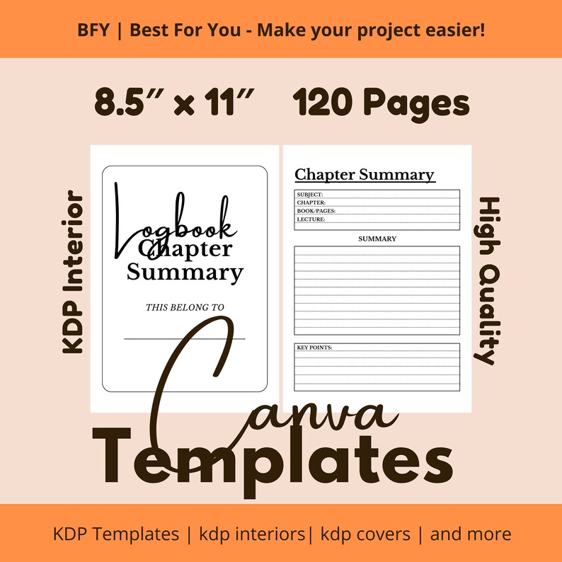 Printable Book Chapter Summary Template Amazon KDP Interiors Bundle 8.5 ...