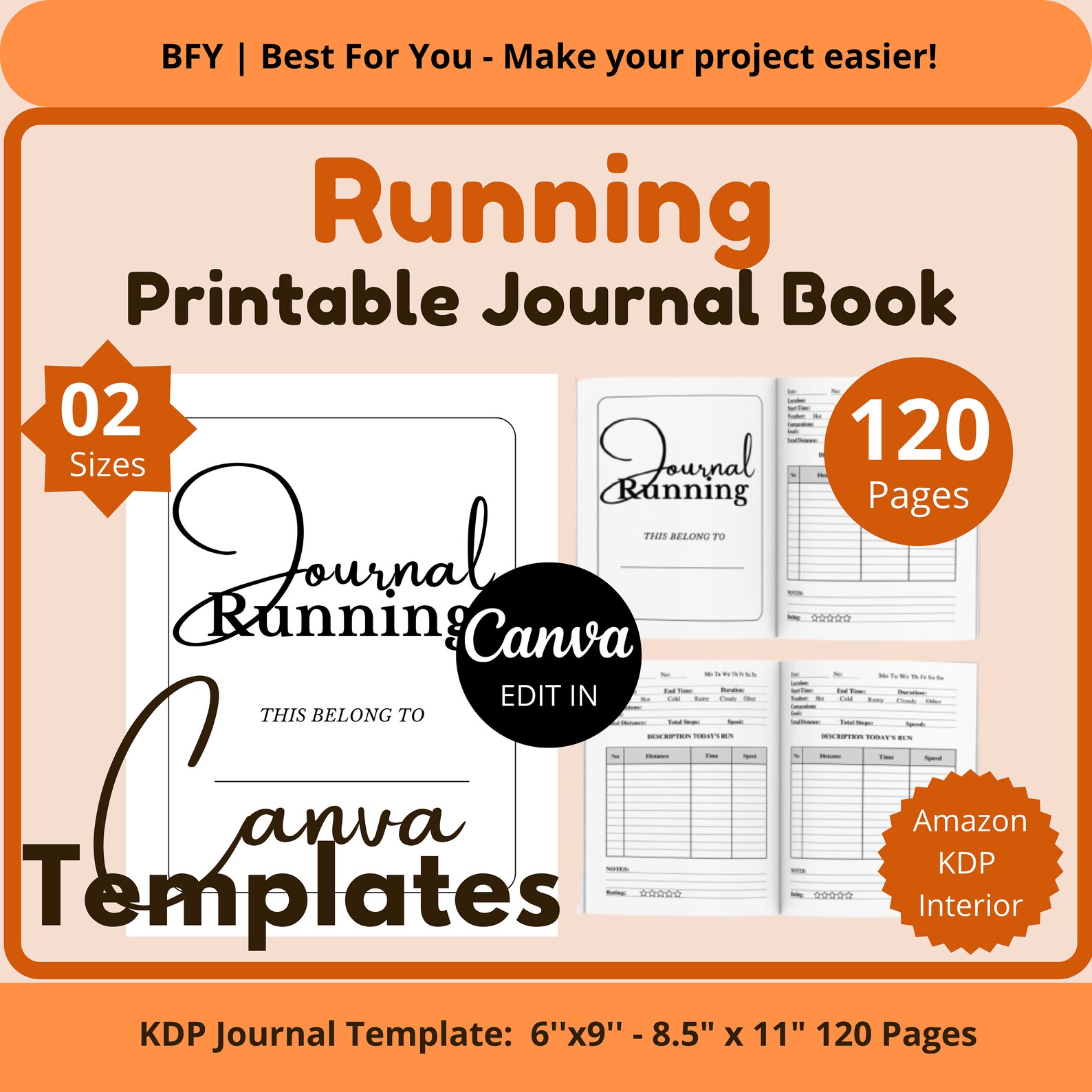 2 Printable Running Journal Amazon KDP Interior 6''x9'' 8.5x11 120 ...