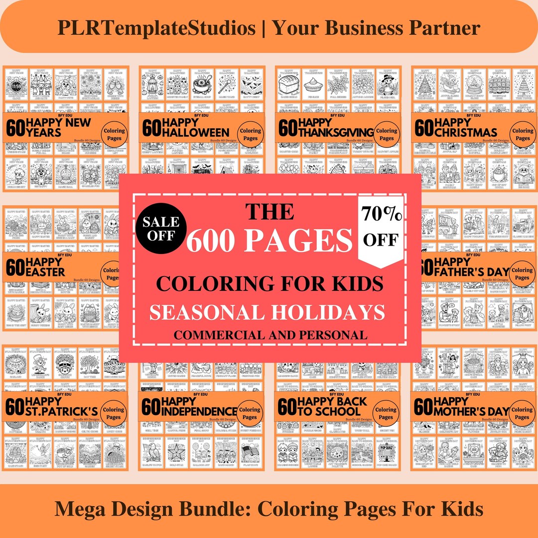 600 Holiday Coloring Pages for Kids: Printable PLR Book (commercial Use ...