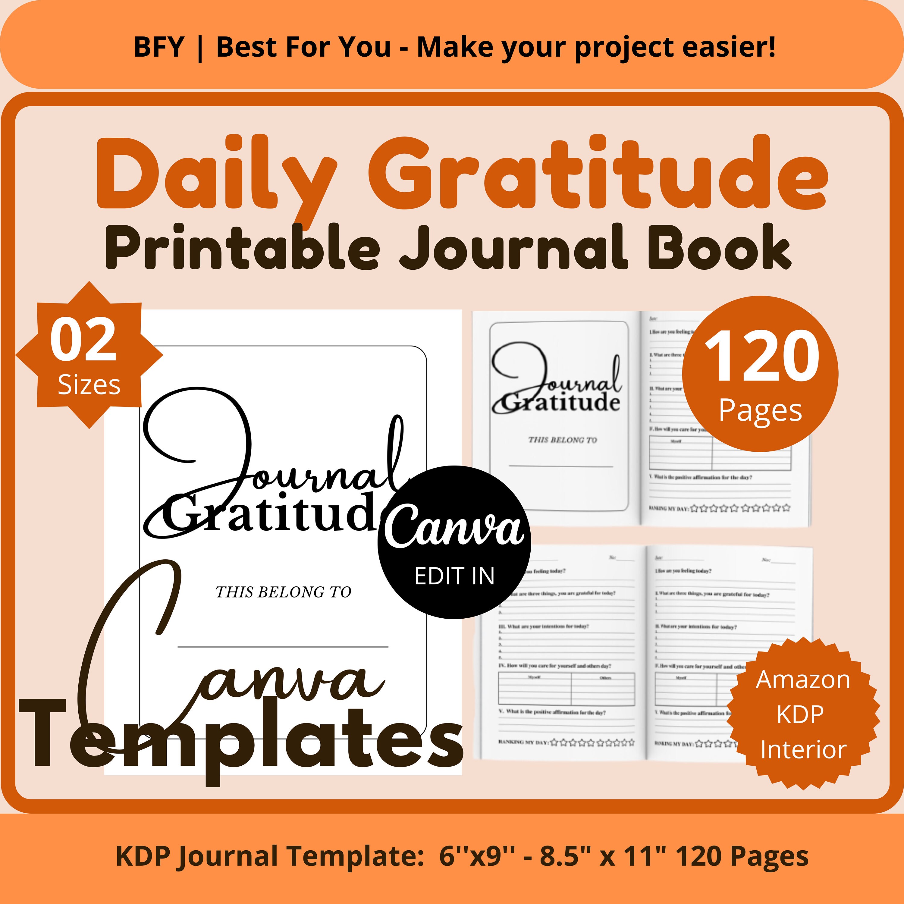 2 Printable Daily Gratitude Journal Amazon KDP Interior Templates 6''x9 ...