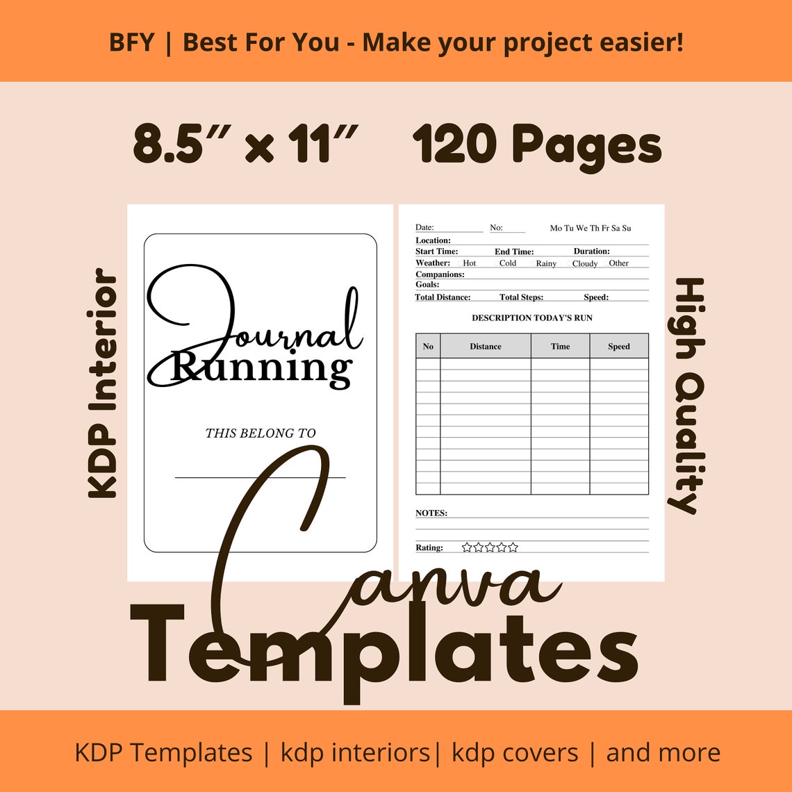 2 Printable Running Journal Amazon KDP Interior 6''x9'' 8.5x11 120 ...