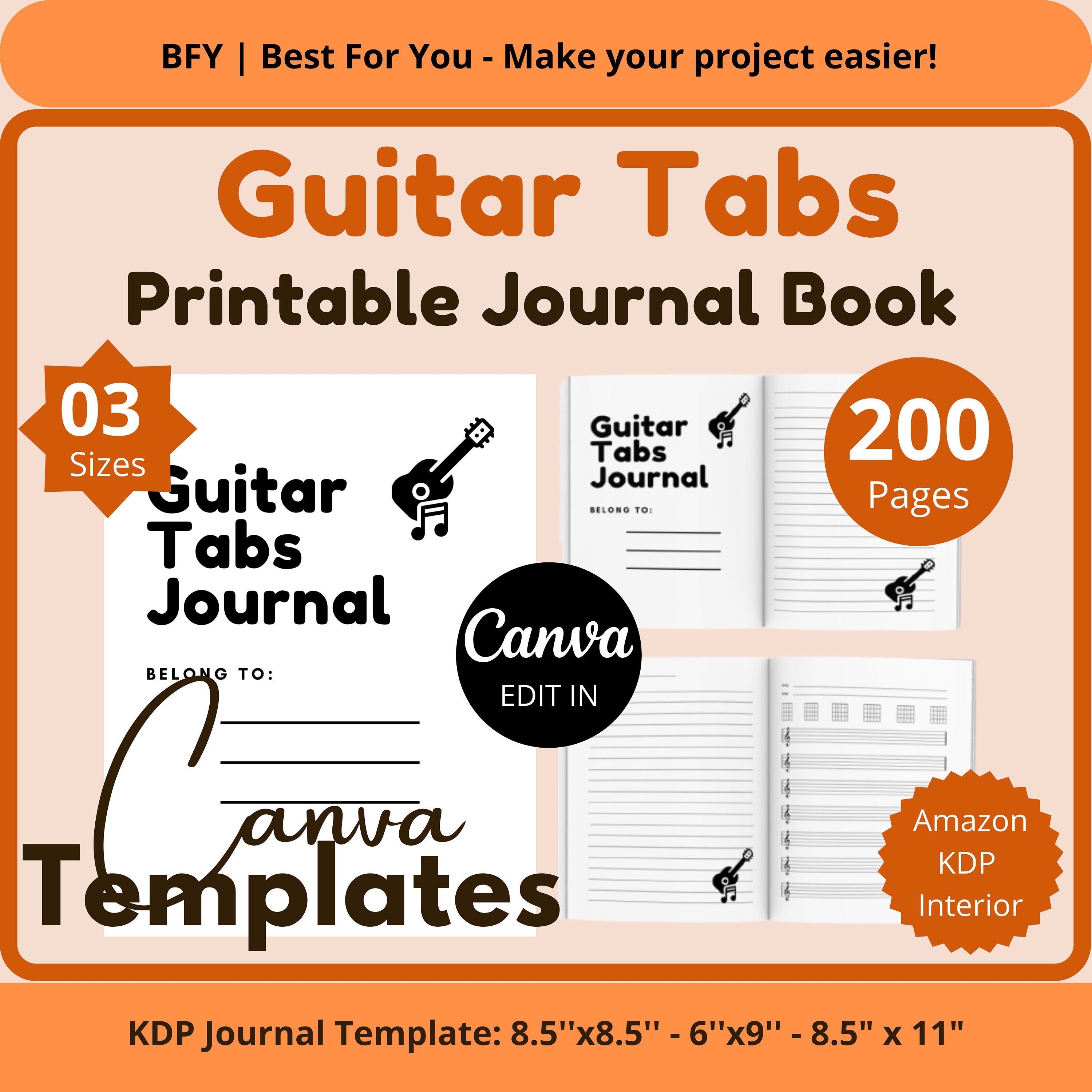 3 Printable Guitar Tabs Journal KDP Journal Notebooks Bundle 8.5''x8.5 ...