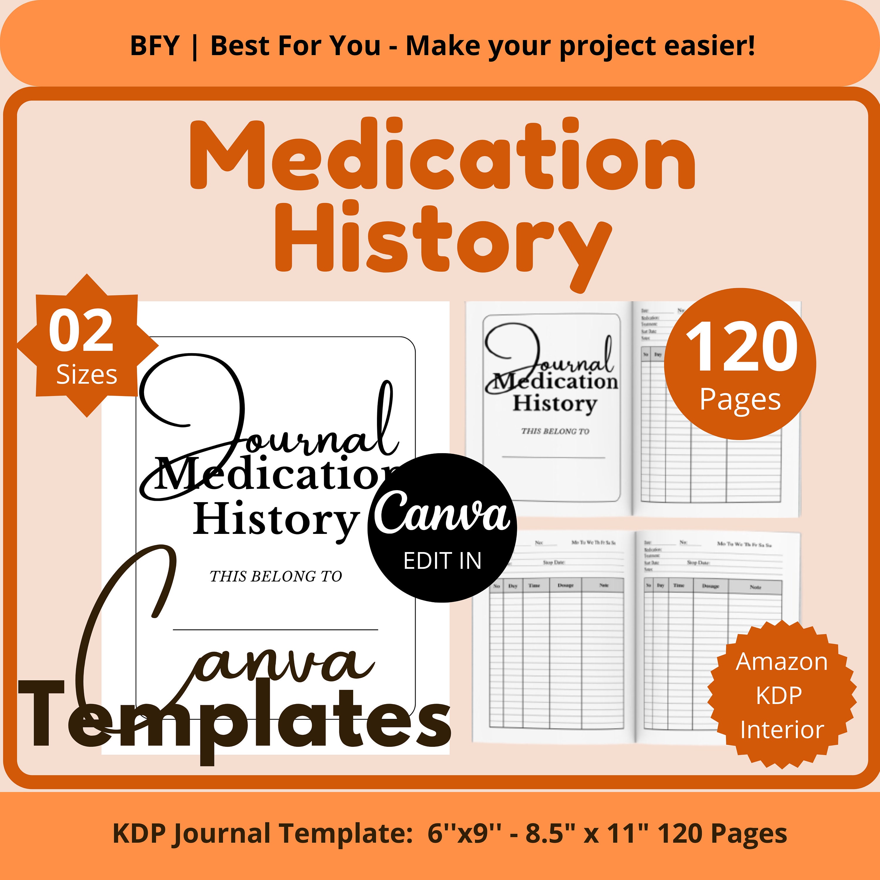 2 Printable Medication History Amazon KDP Interior 6''x9'' 8.5x11 120 ...