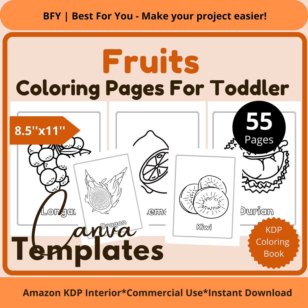 Printable Fruits Coloring Pages for Kids Toddler Coloring Book 8.5''x11 ...