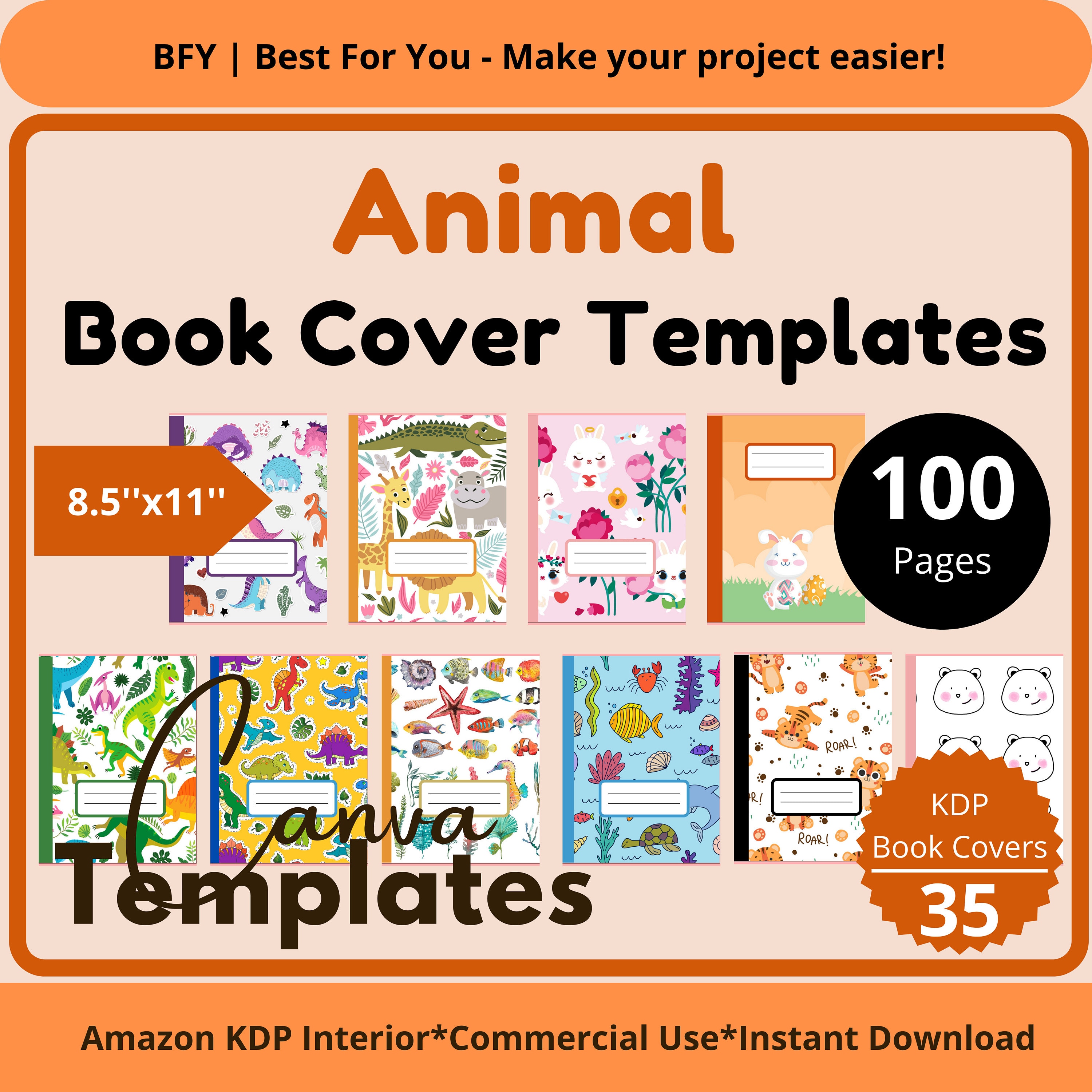 35 Animal Book Cover Templates KDP Composition Notebook Cover 8.5 X 11 ...
