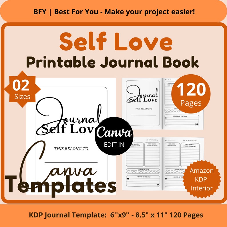 2 Printable Self Love Journal Amazon KDP Interior Template 6''x9'' 8 ...