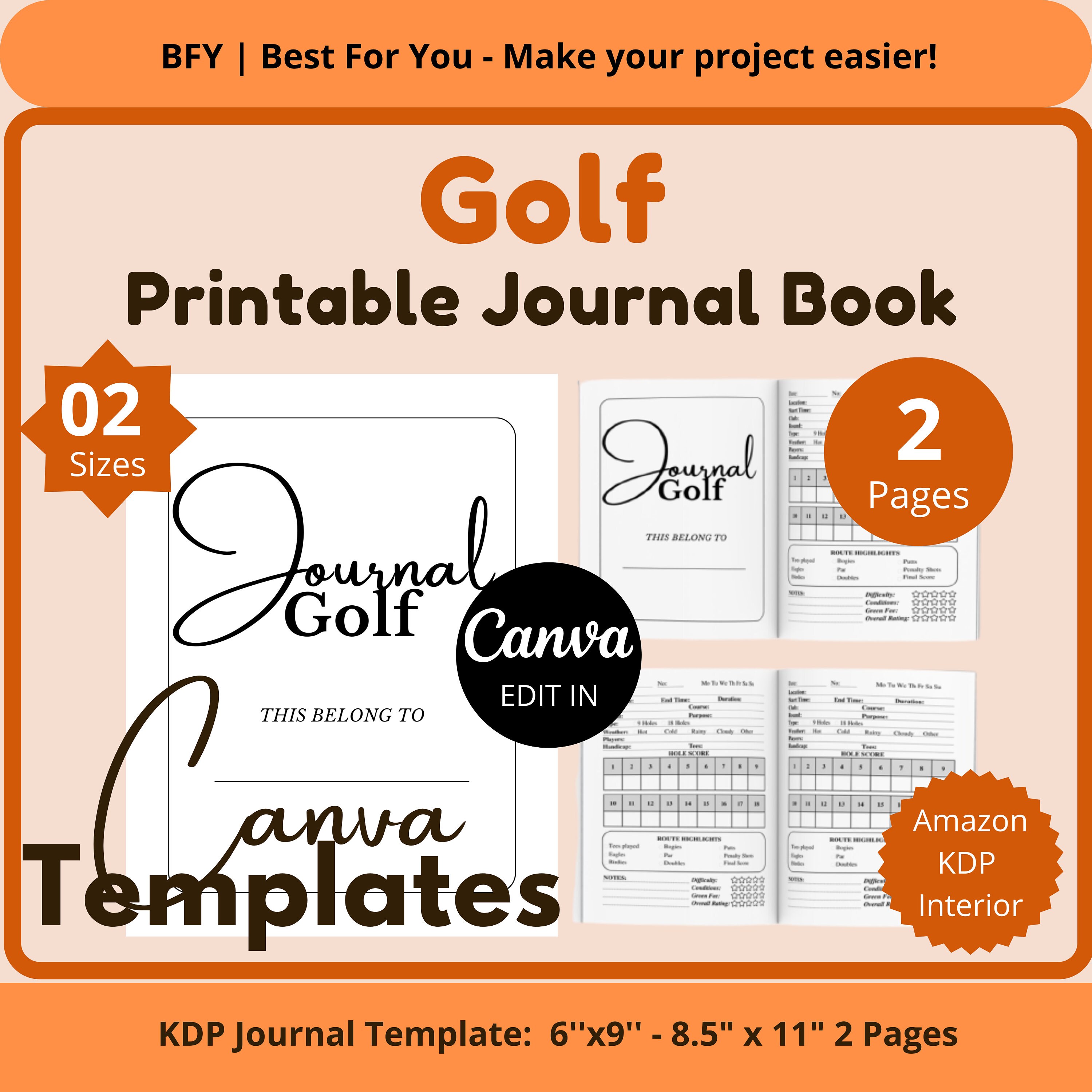 2 Golf Journal Amazon KDP Journal Template 6''x9'' 8.5x11 2 Templates ...