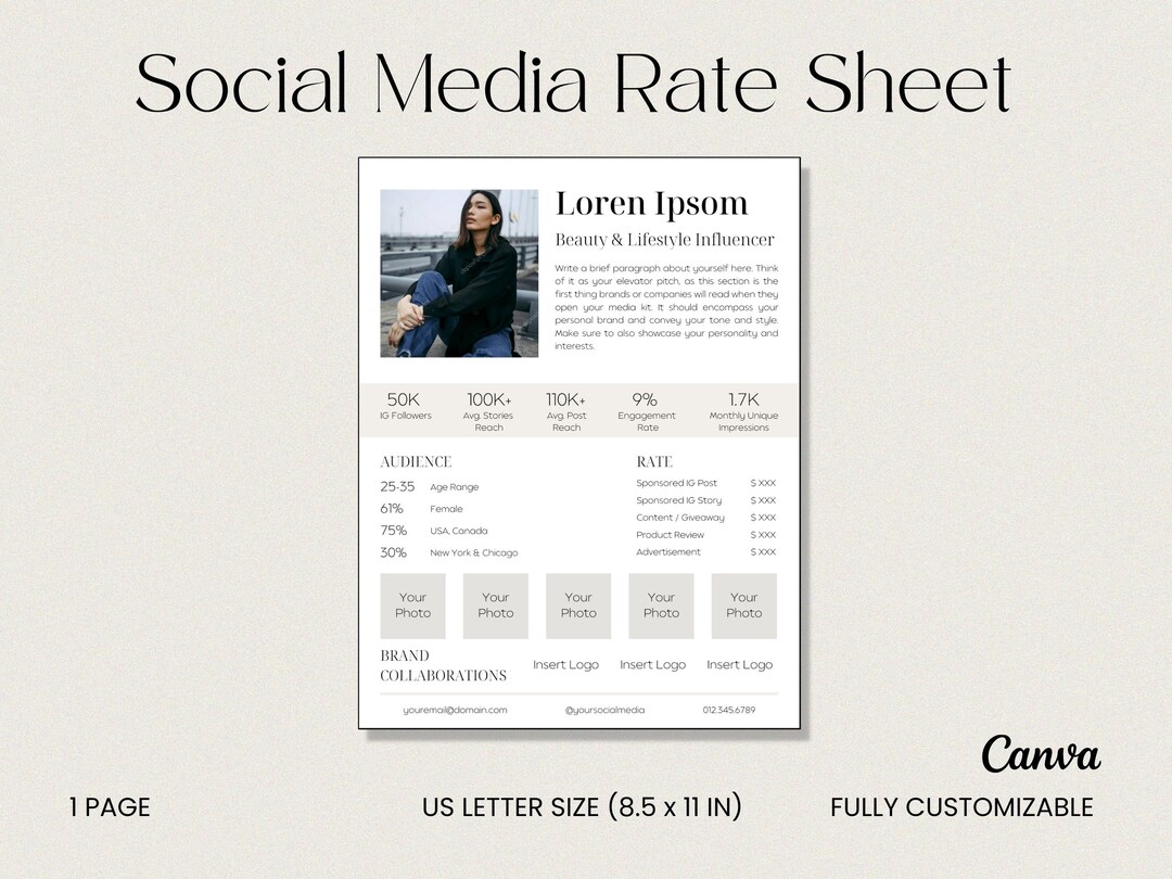 1-page Social Media Rate Sheet Canva Template| Instagram Media Kit ...