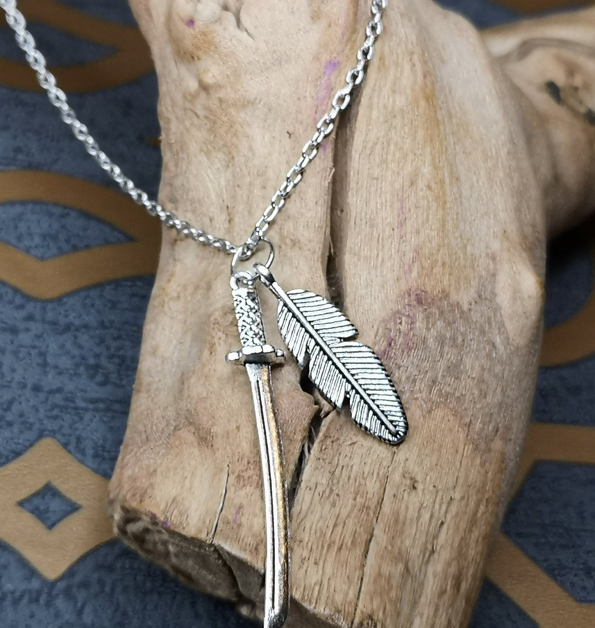 Silver Tone Sword Necklace With Feather, Gothic Dagger Pendant ...