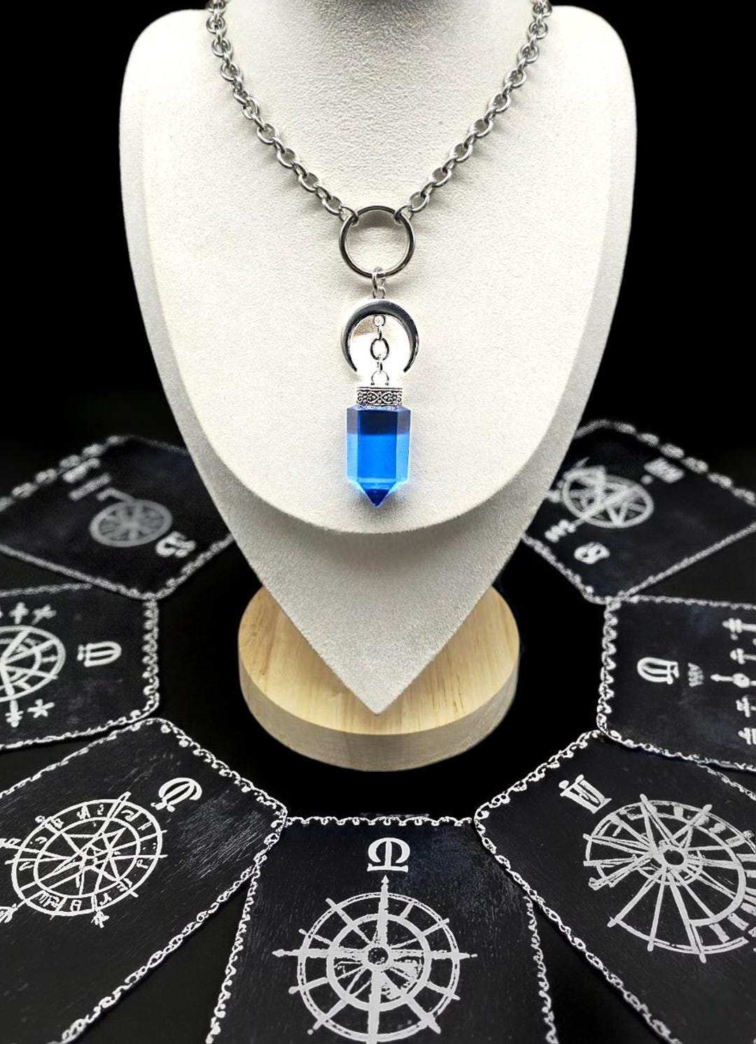Witchy Moon Azure Crystal Point Necklace, Blue Resin Pendant With ...
