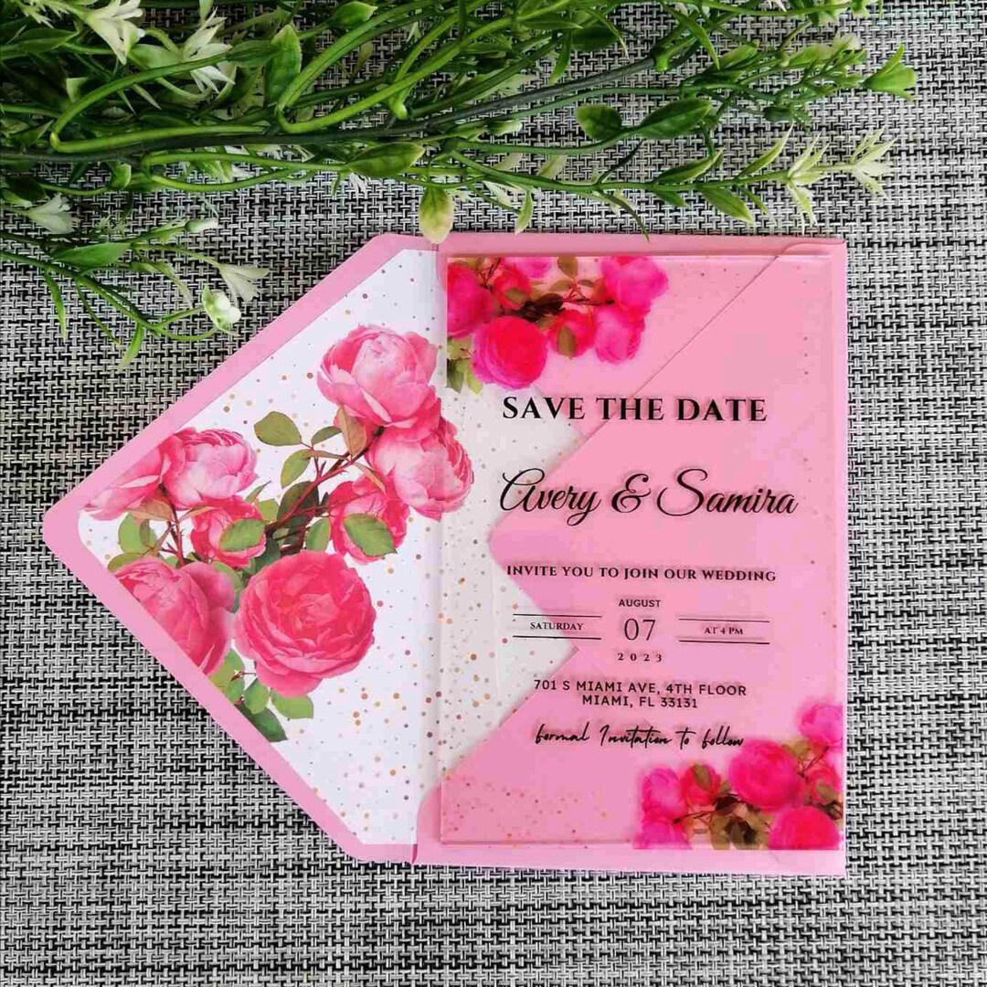 Acrylic Wedding Invitation Pink Rose Vintage Flowers Floral - Etsy Canada