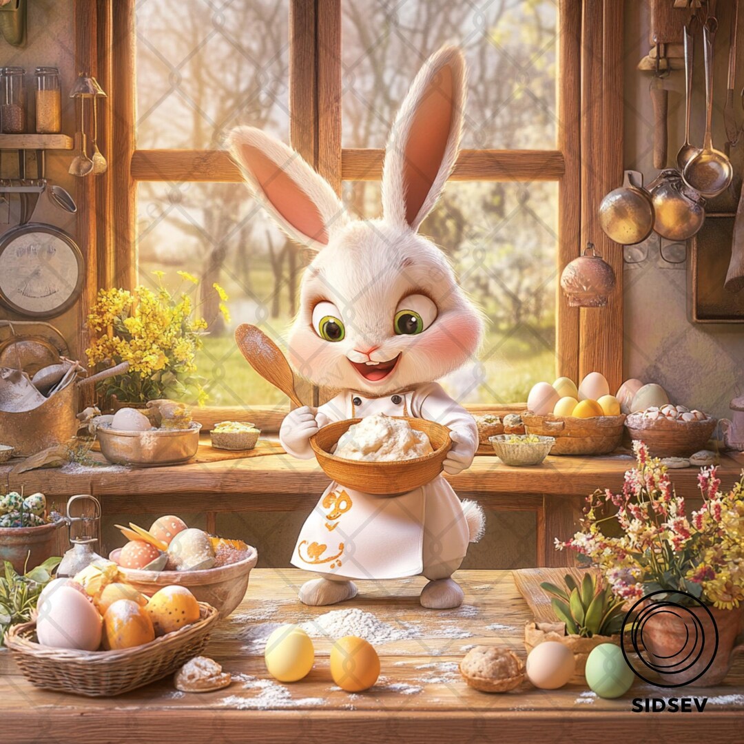 Easter Bunny Chef Digital Art – Cute Cartoon Rabbit Baking in Rustic ...