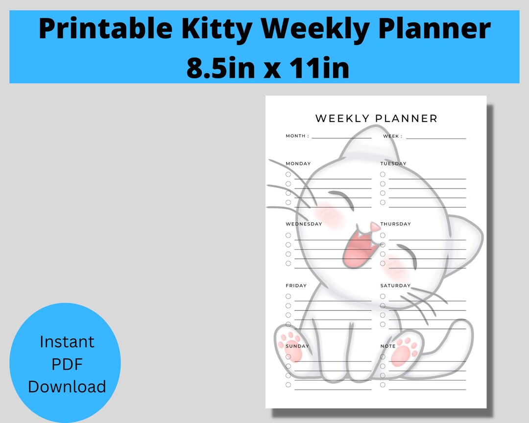 Cute Cat Weekly Planner PDF | Printable Kitty Themed Planner Pages ...