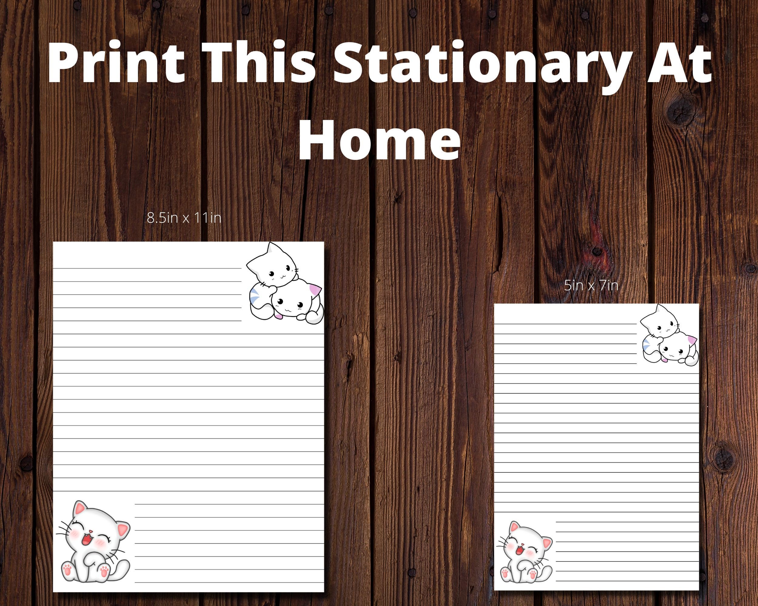 Kawaii Kitty Lined Writing Stationary 5" X 7" & 8.5in X 11in Lined ...
