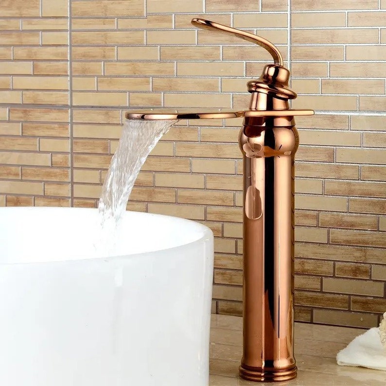 Brass Rose Gold Waterfall Bathroom Sink Faucet Single Hole Etsy