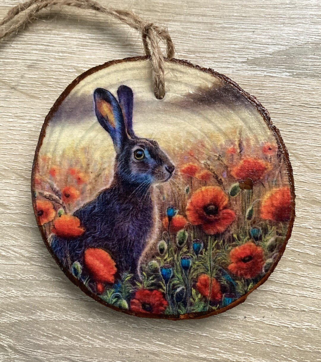 Hare Wood Slice Ornament ~ Decoupage ~ Art Print on Wood ~ Hare Art ...