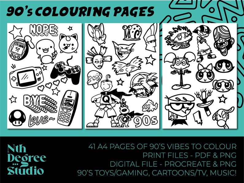 90s Colouring Pages, Cartoons Gaming Music, 90s Aesthetic, Colouring ...