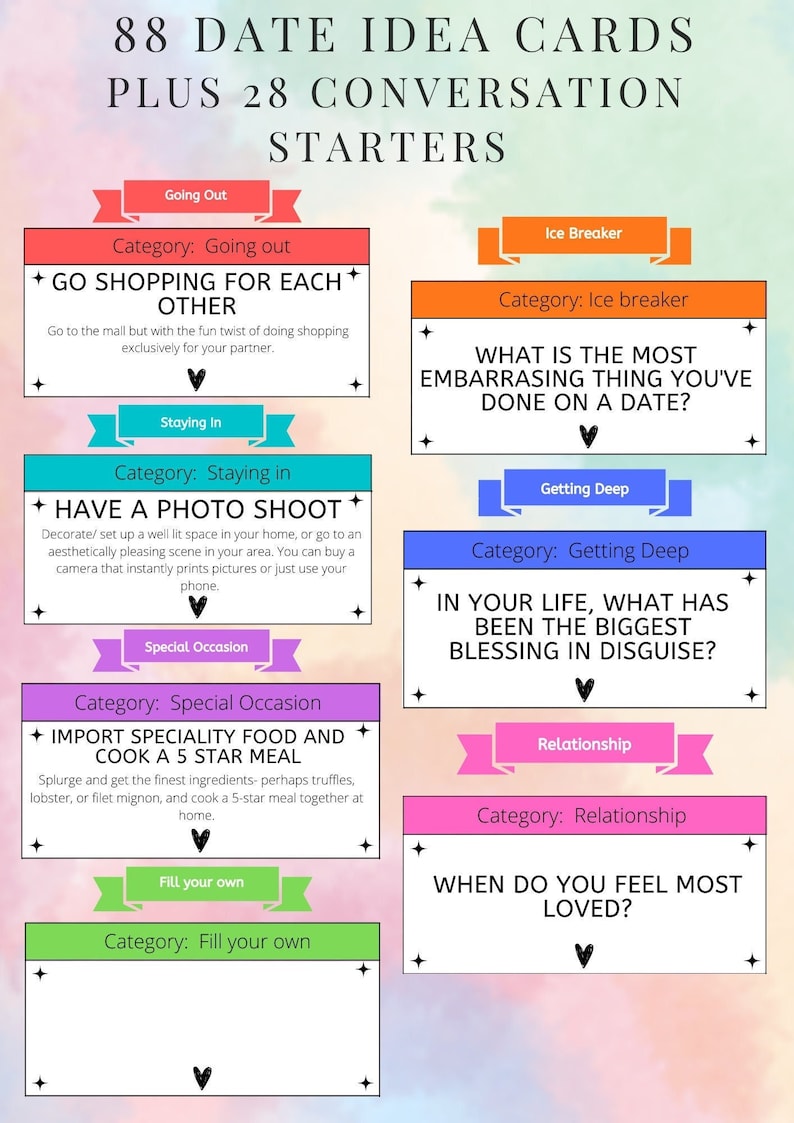 88 Date Night Idea Cards. 28 Questions and Conversation Starters ...