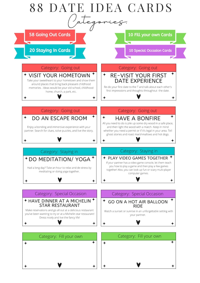 88 Date Night Idea Cards. 28 Questions and Conversation Starters ...