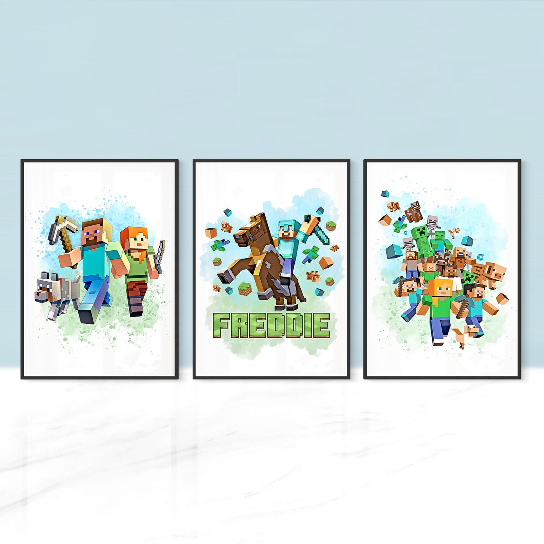 Set of 3 Minecraft Personalised Name Poster Set, Poster Print, Bedroom ...