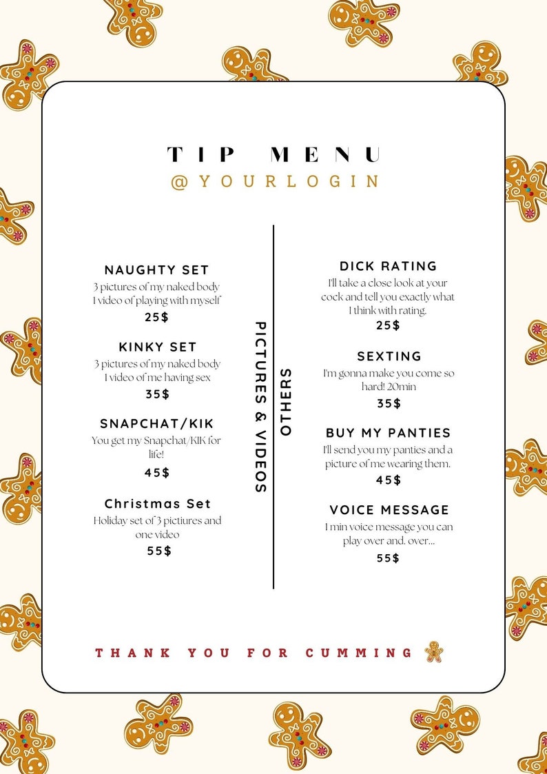 Editable Onlyfans / Fansly Tip Menu / Twitch Girl / Camgirl Gingerbread ...