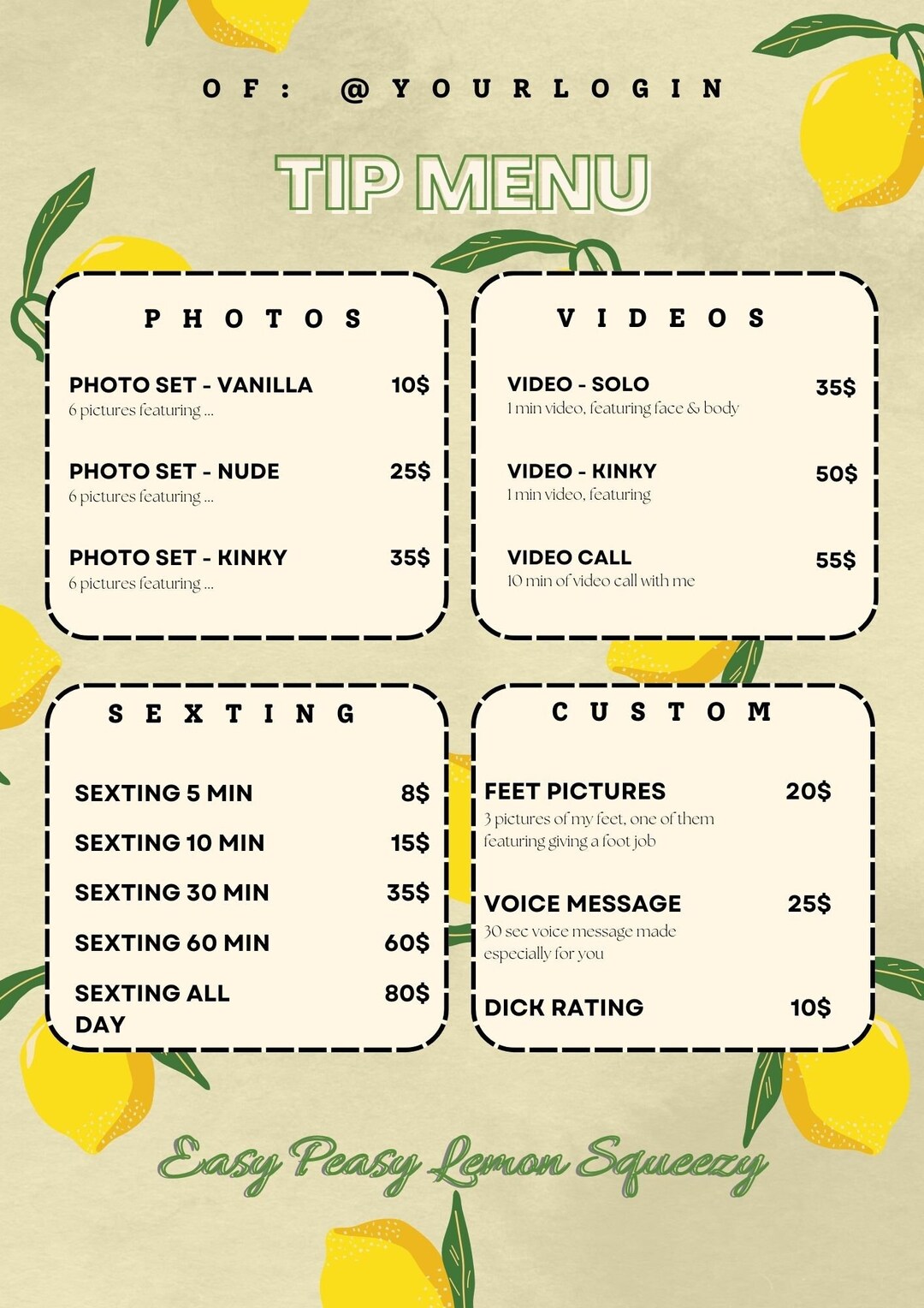Editable Onlyfans / Fansly Cute Lemon Tip Menu Printable / Camgirl ...