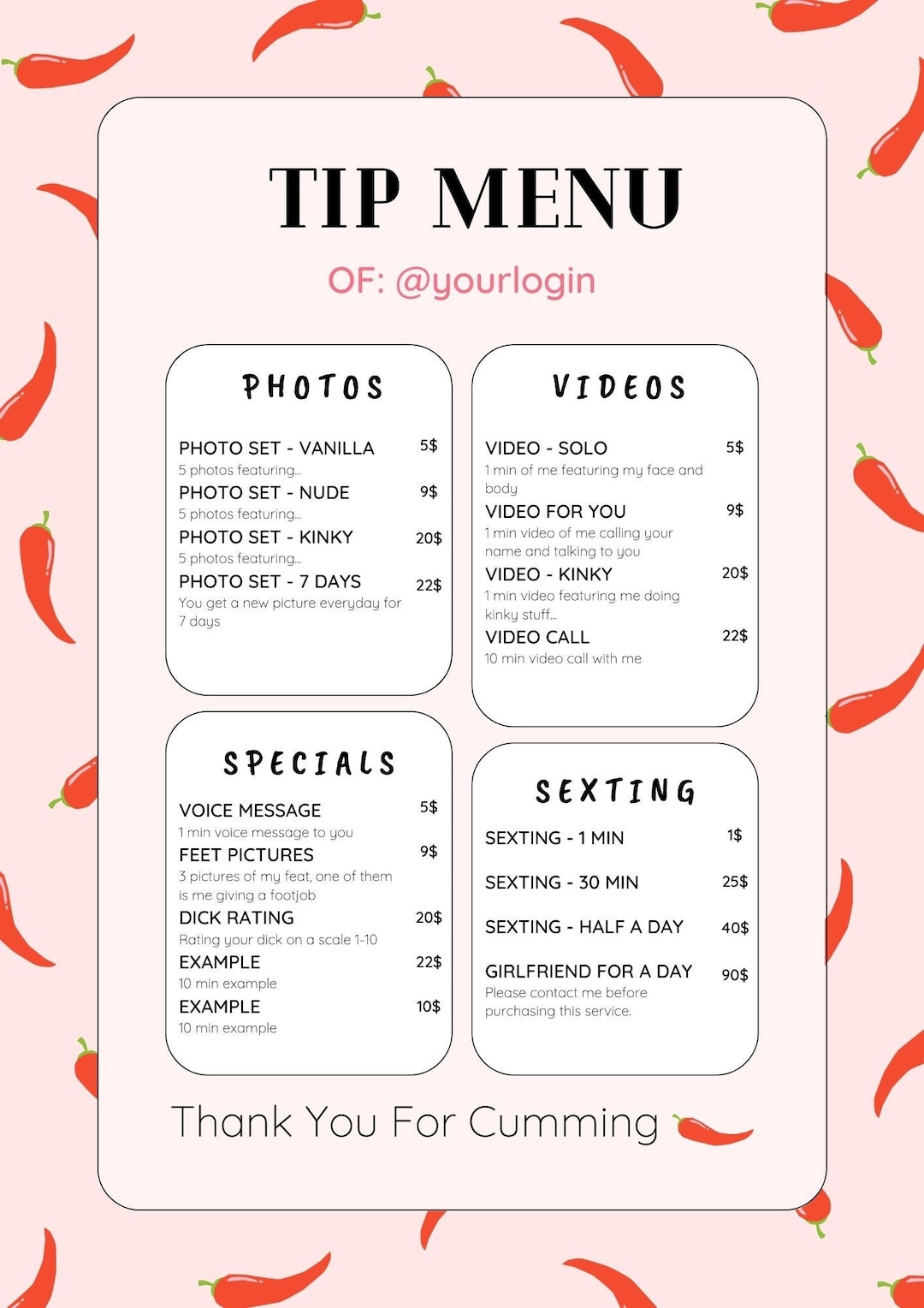 Editable Onlyfans / Fansly Tip Menu / Spicy Design - Etsy