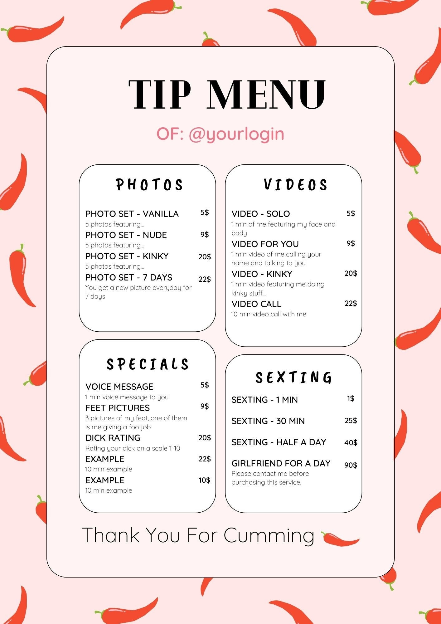 Editable Onlyfans / Fansly Tip Menu / Spicy Design - Etsy