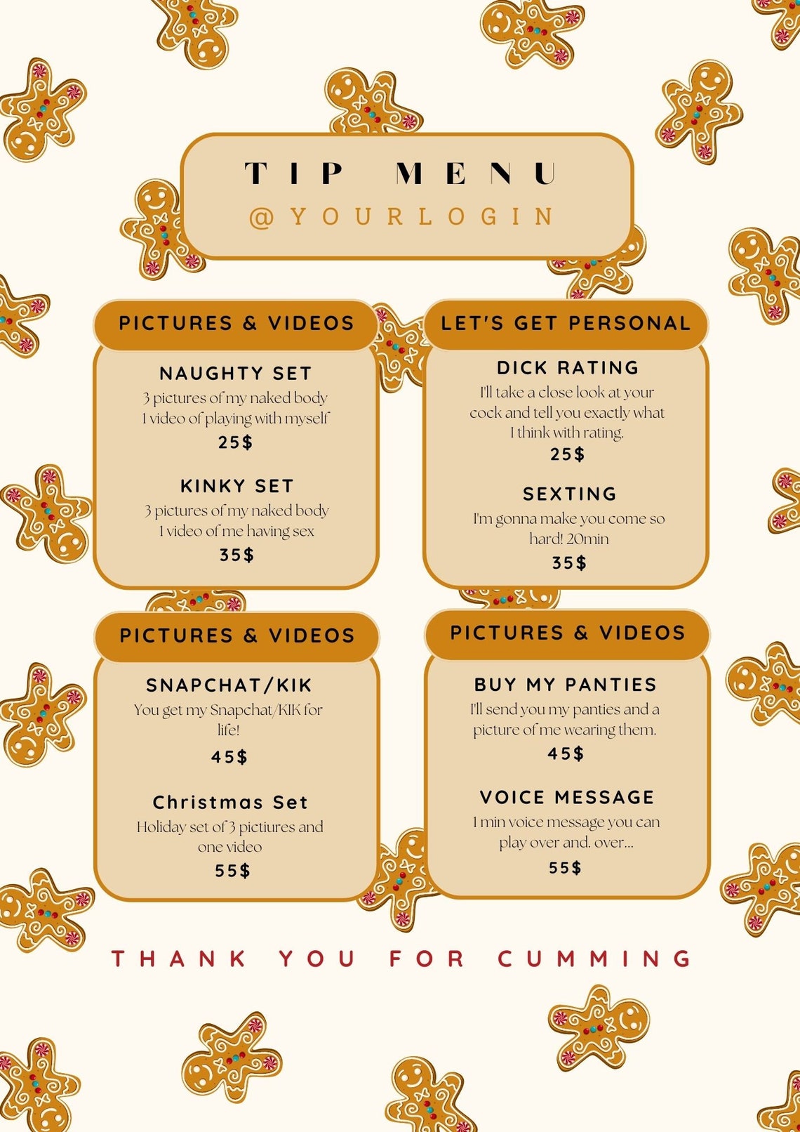 Editable Onlyfans / Fansly Tip Menu / Twitch Girl / Camgirl Gingerbread ...