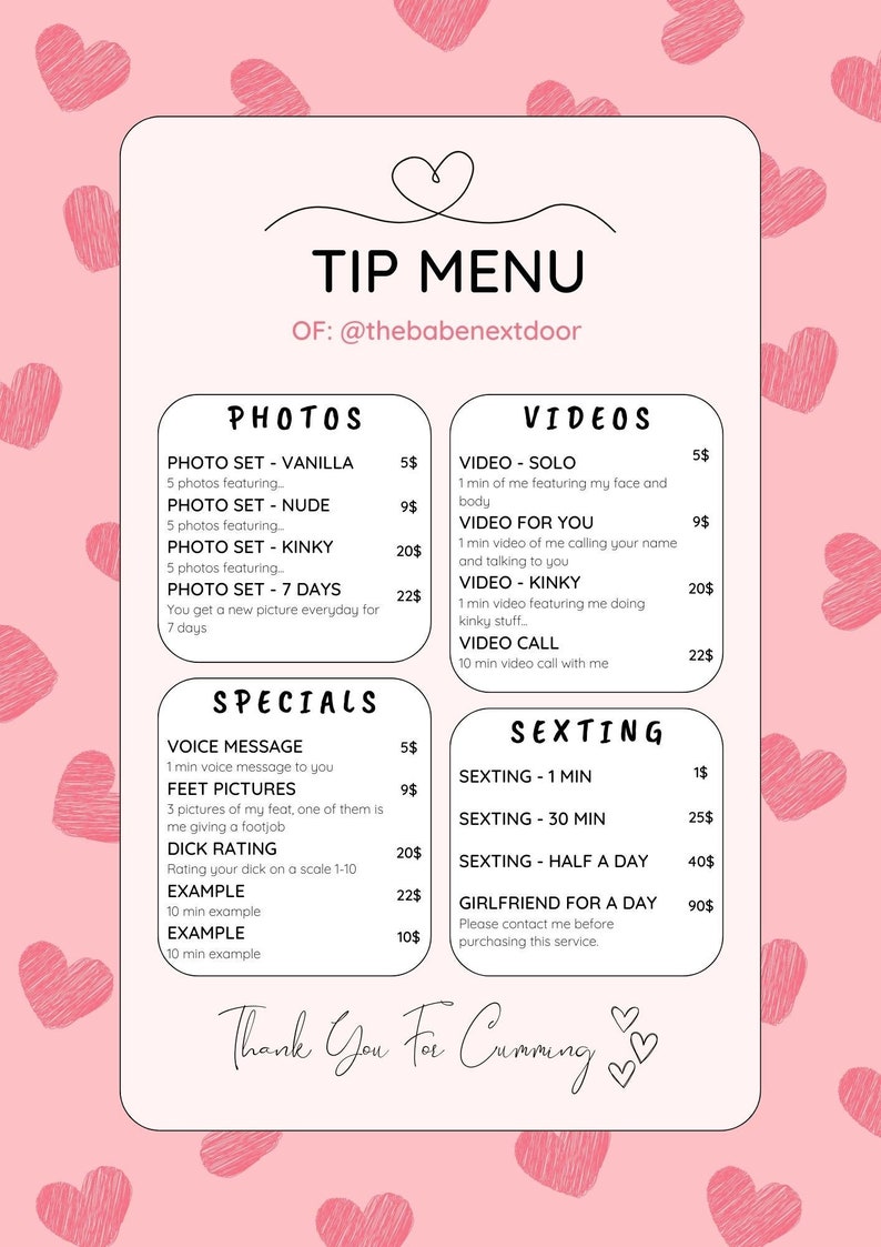 Editable Onlyfans / Fansly Tip Menu / Cute Pink Heart Design - Etsy