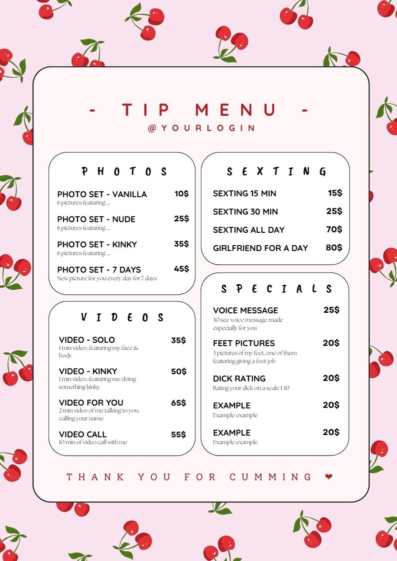 Editable Onlyfans Fansly Tip Menu Cute Pink Cherry Design Etsy Canada