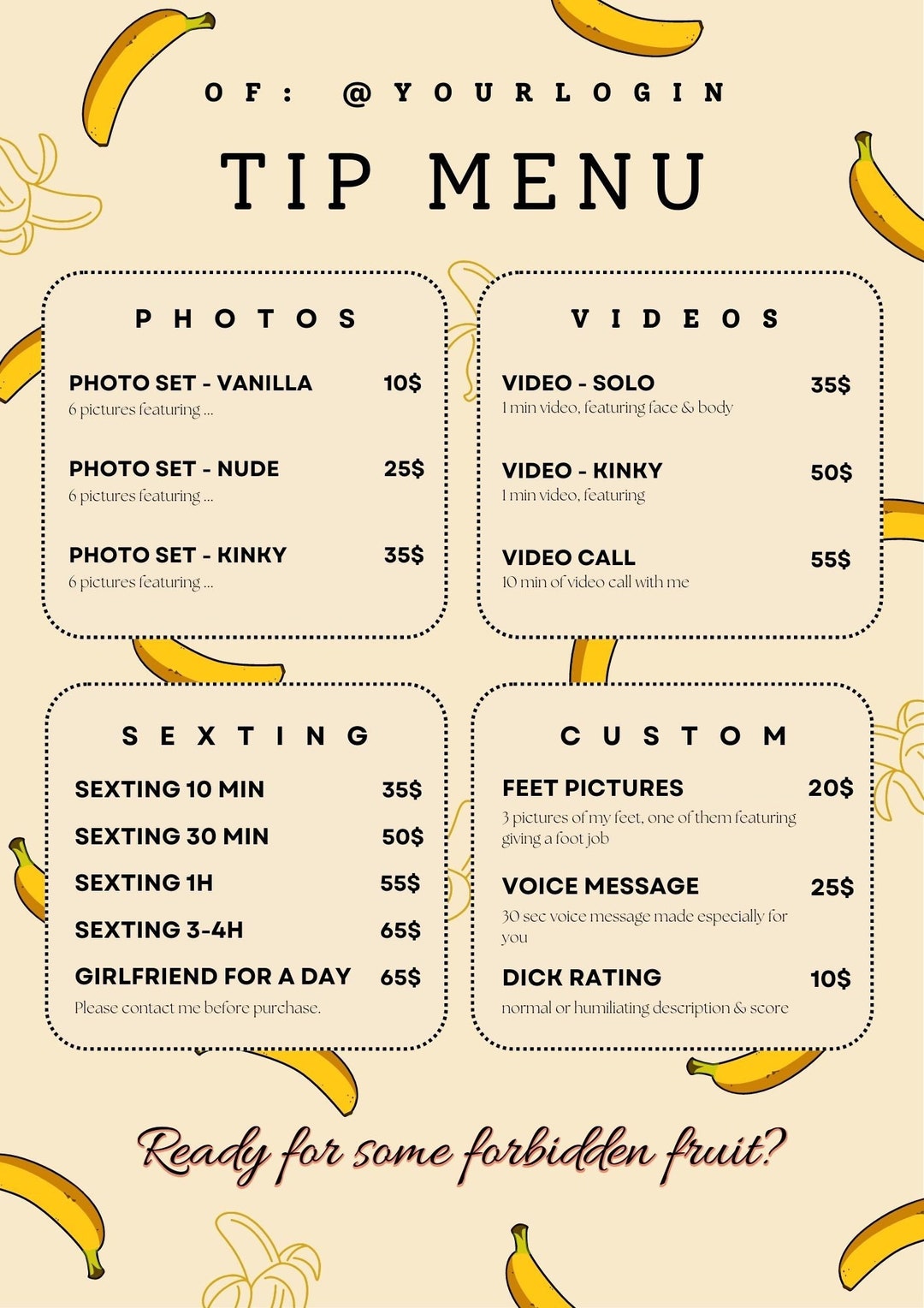 Editable Tip Menu | Onlyfans Tip Menu | Fansly Cute Banana Tip Menu ...