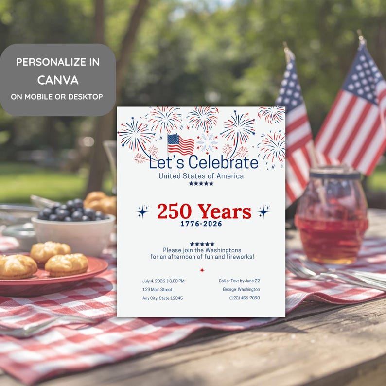 America 250th Anniversary Patriotic Celebration Printable Invitation ...