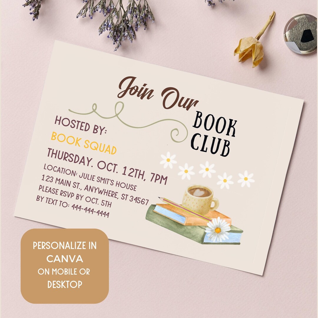 Book Club Invitation, Book Party Invite, Printable Invitation, Instant ...