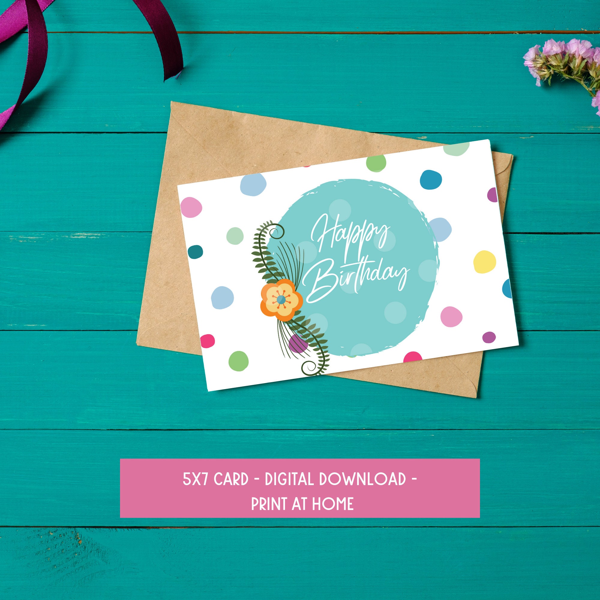 Polka Dot Birthday Card, Printable Happy Birthday Note Card, Multi ...