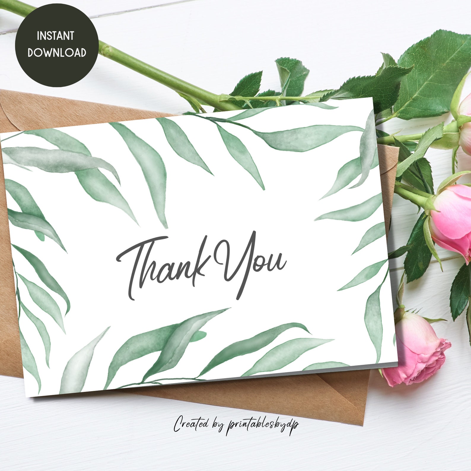 Greenery Thank You Card, Printable Thank You Note Card, Garden Thank ...