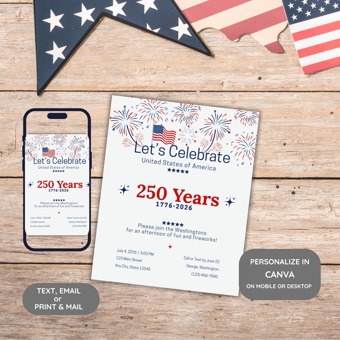 America 250th Anniversary Patriotic Celebration Printable Invitation ...