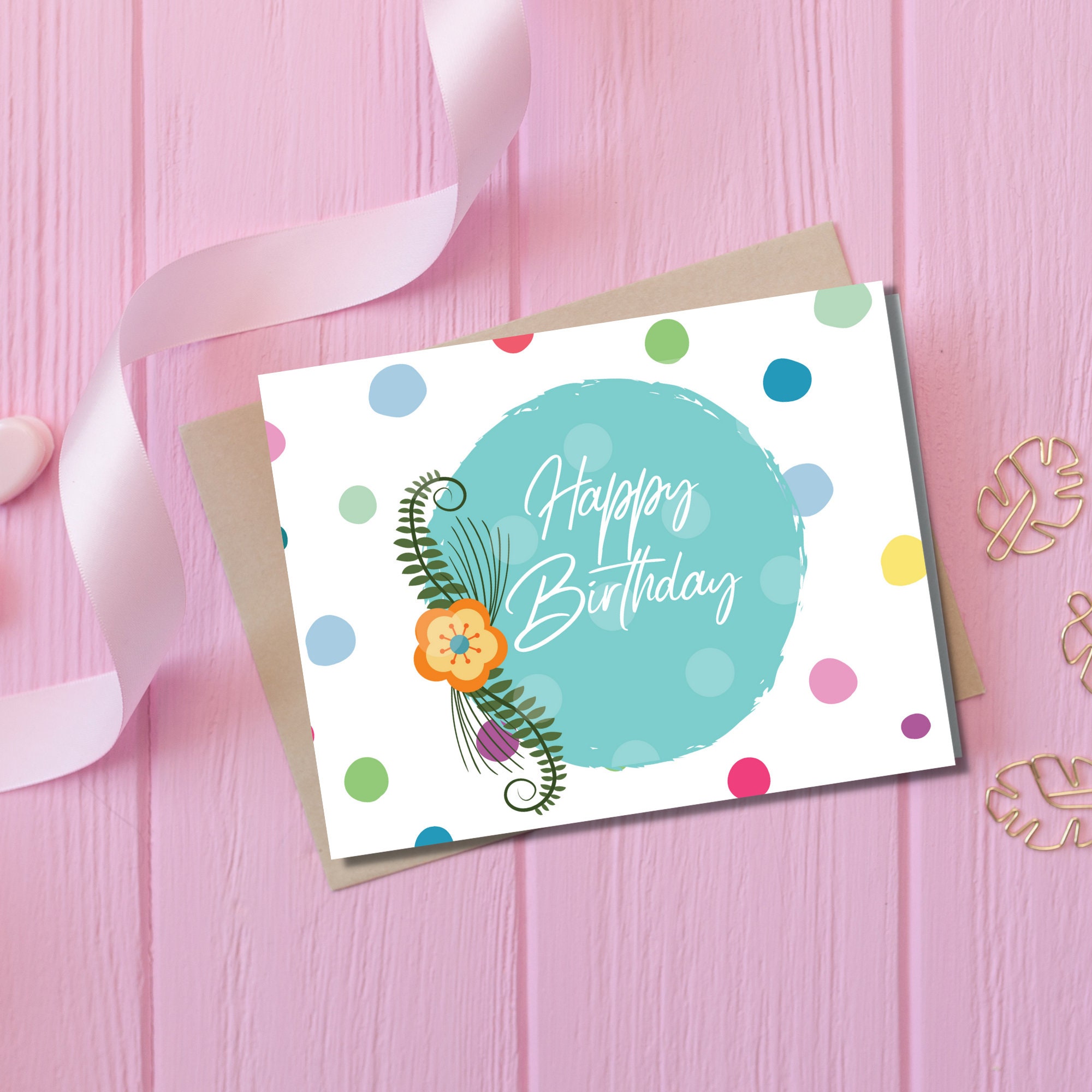 Polka Dot Birthday Card, Printable Happy Birthday Note Card, Multi ...