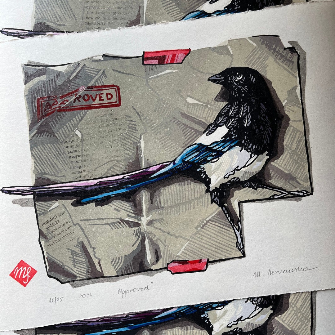 APPROVED. Magpie, Reduction Print, Bird, Handprinted, Unique Paper ...
